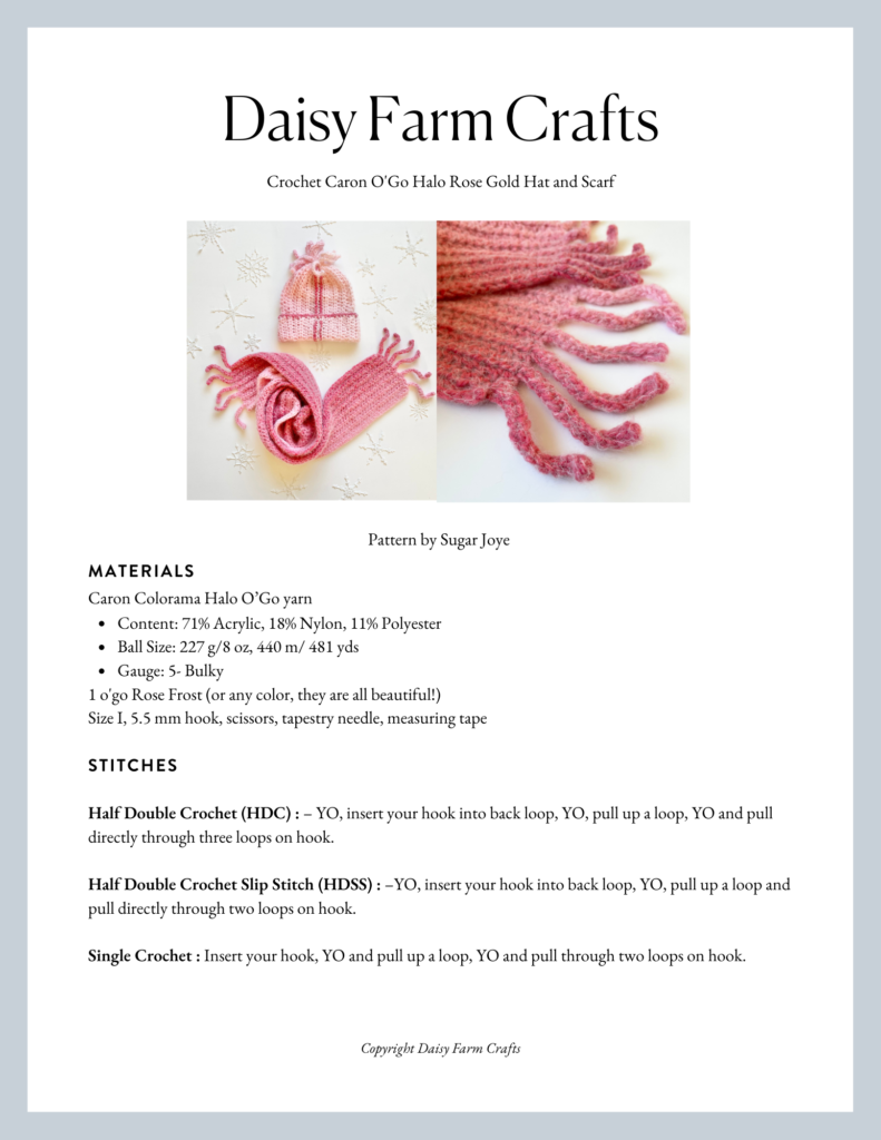 Crochet Caron O’Go Halo Rose Gold Hat and Scarf – Sugar Joye